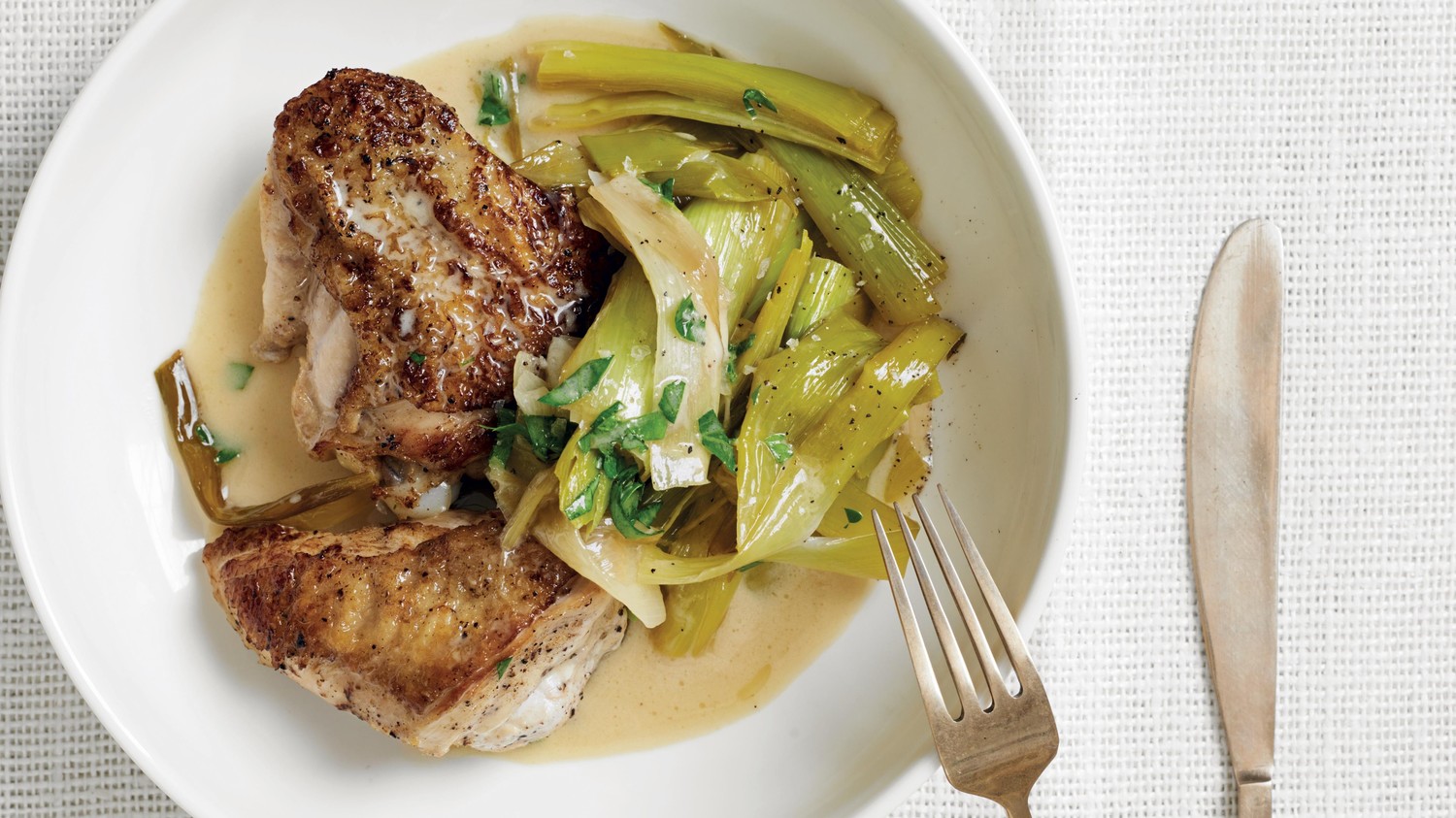 Normandy-Style Chicken and Leeks with Creme Fraiche