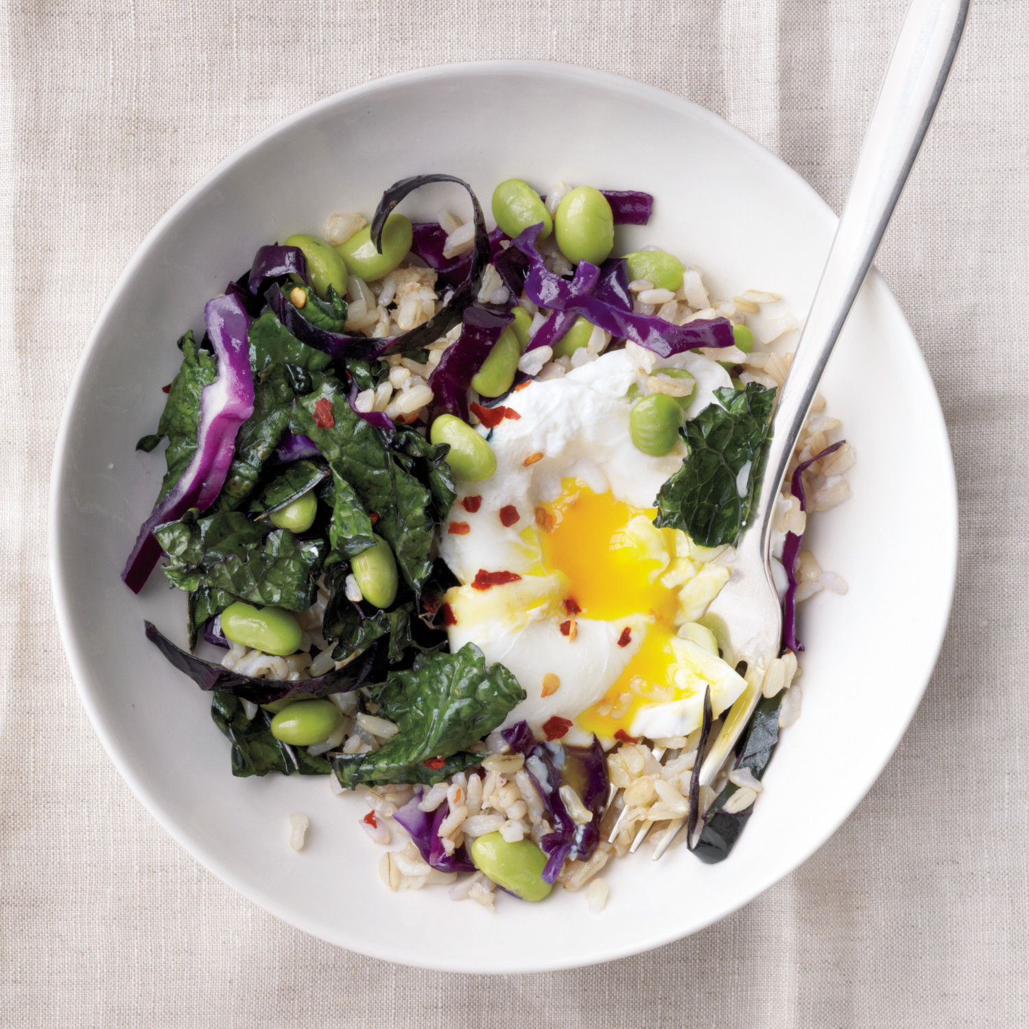 Poached Egg with Rice and Edamame