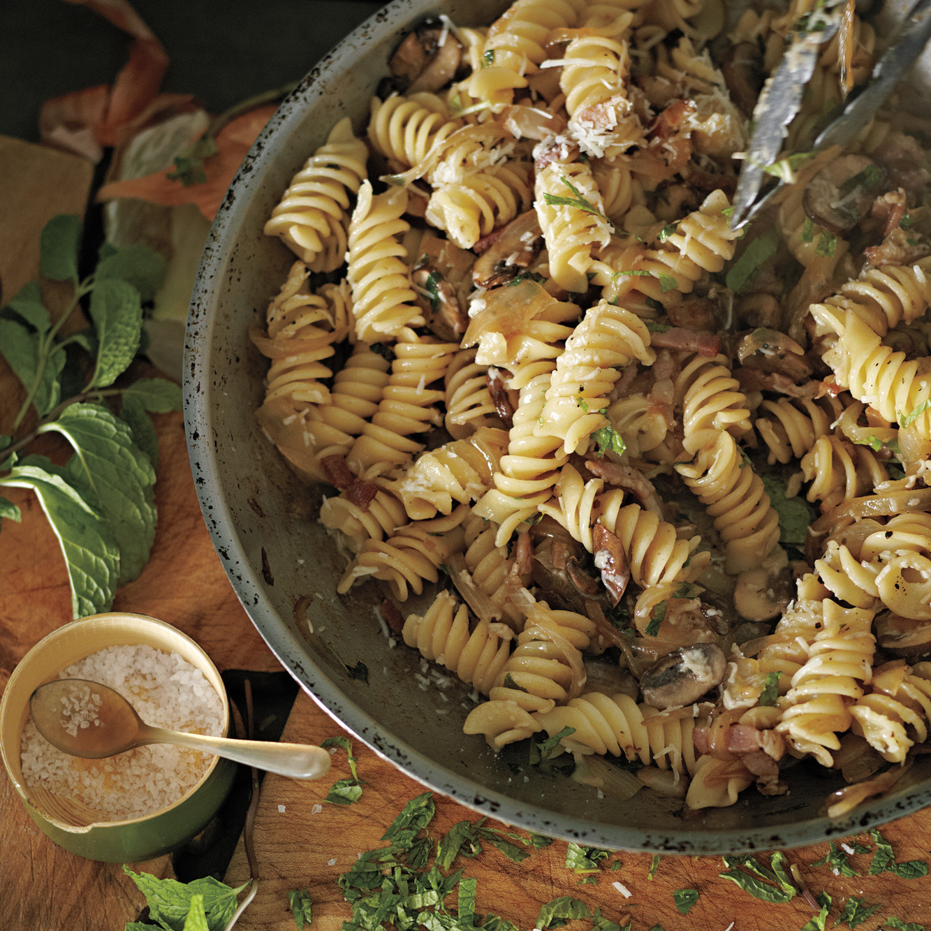 Fusilli with Bacon, Onions, and Mushrooms