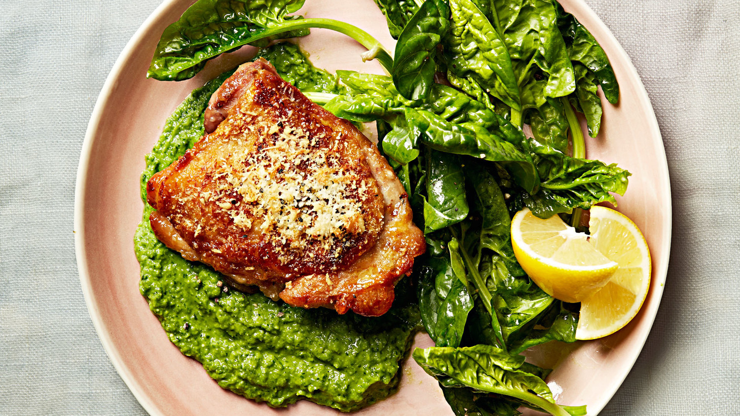 Chicken with Herbed Pea Puree and Spinach